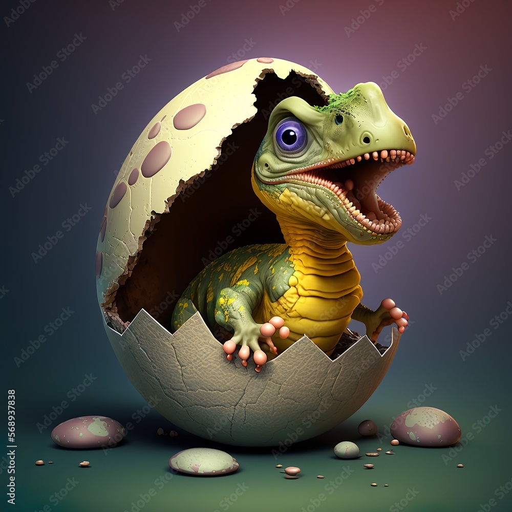 Baby dinosaur hatching from an egg. digital illustration birth cute ...