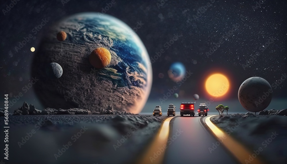 cars and people at outer space planet sightseeing landmark, concept ...