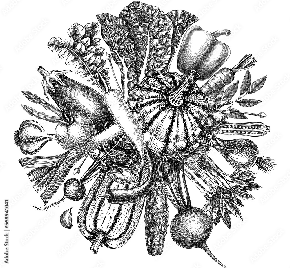 Hand-drawn vegetable composition in vintage style. Food plants ...