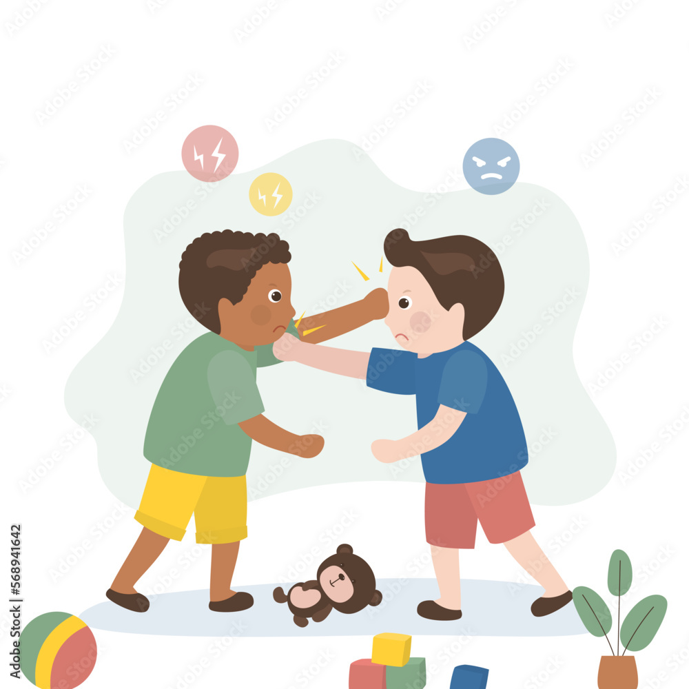 Preschool children fight over a toy. Sad kids didn't share teddy bear ...
