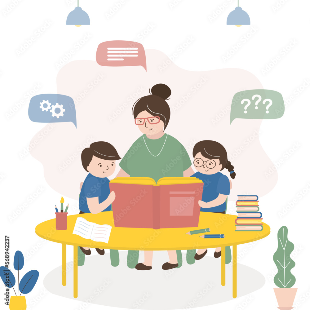 Teacher reads book to students. Kindergarten teacher studying textbook ...