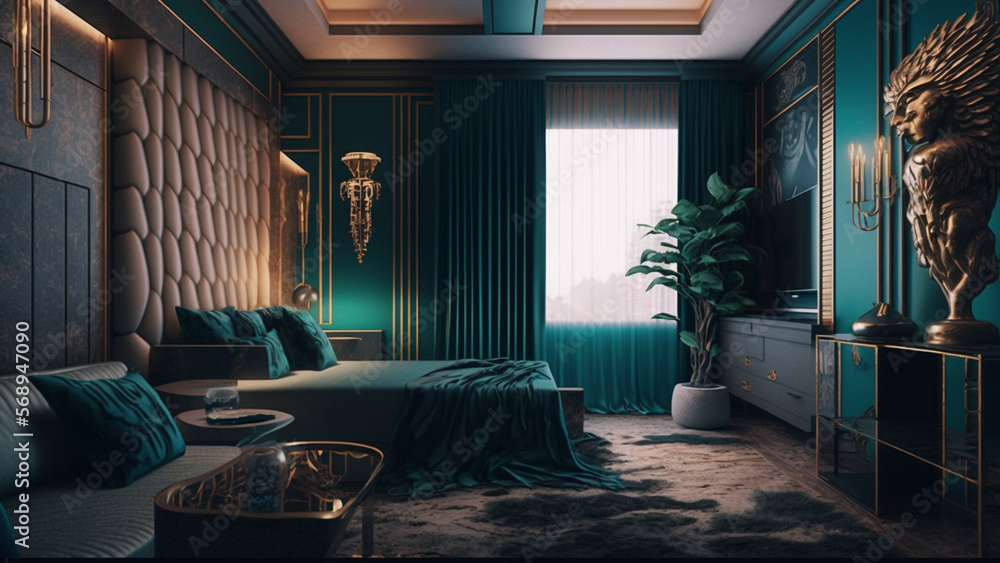 hotel bedroom interior in the style of mythical Greek gods,illustration ...