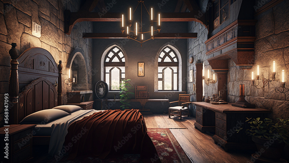 hotel bedroom interior in the style of medieval monastery,illustration ...