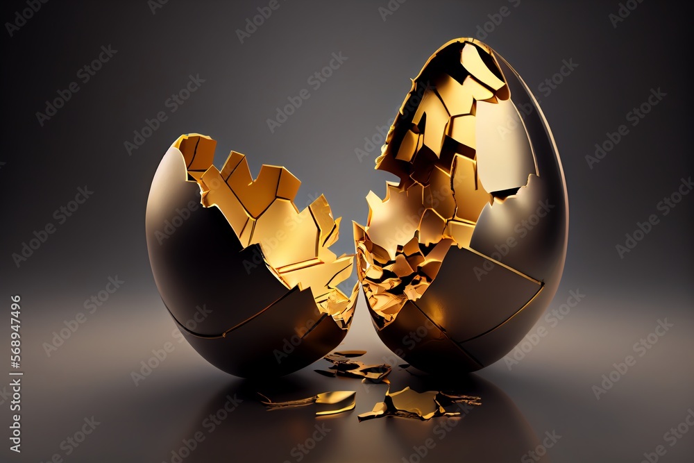 Gold luxury easter egg cracked open with copy space. 3D Rendering ...