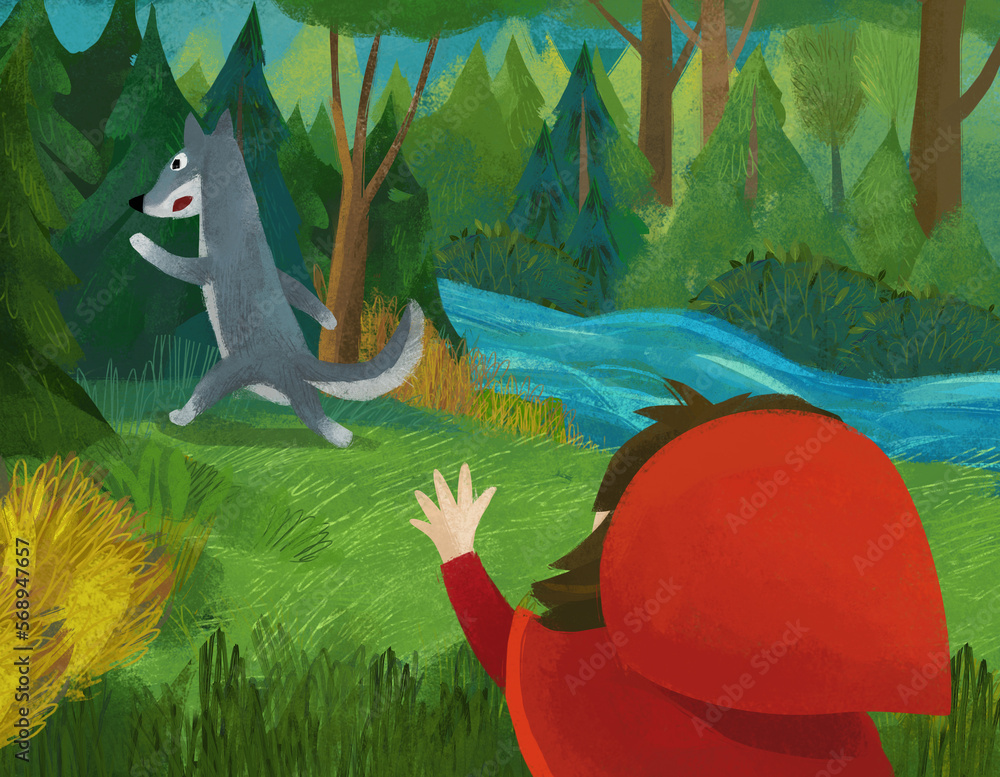 cartoon scene with wolf and little girl in red hood illustration for ...