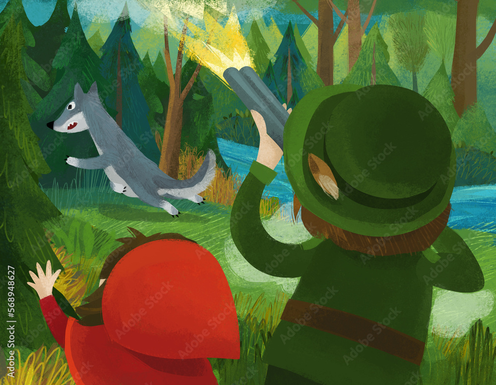 cartoon scene with hunter forester hunting wolf in the forest with ...