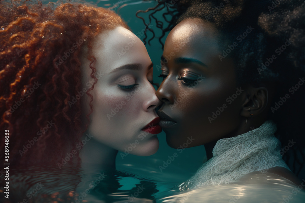 gorgeous redhead woman and black woman hugging and kissing alluringly, frisky, flirtatious in ...