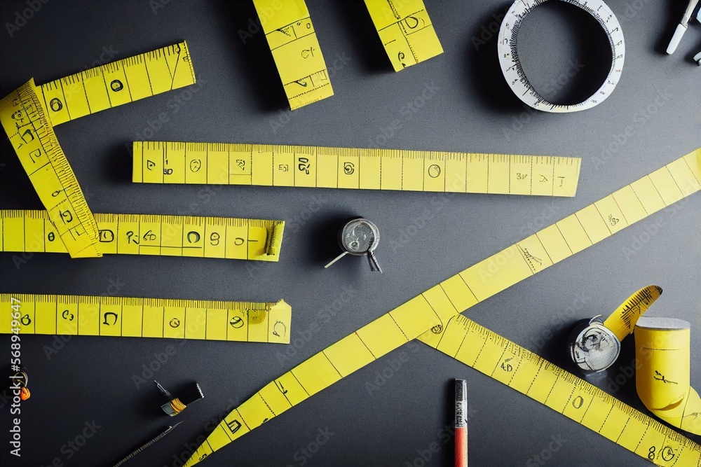 Architectural drawing plan of house project, blueprint rolls and yellow ...