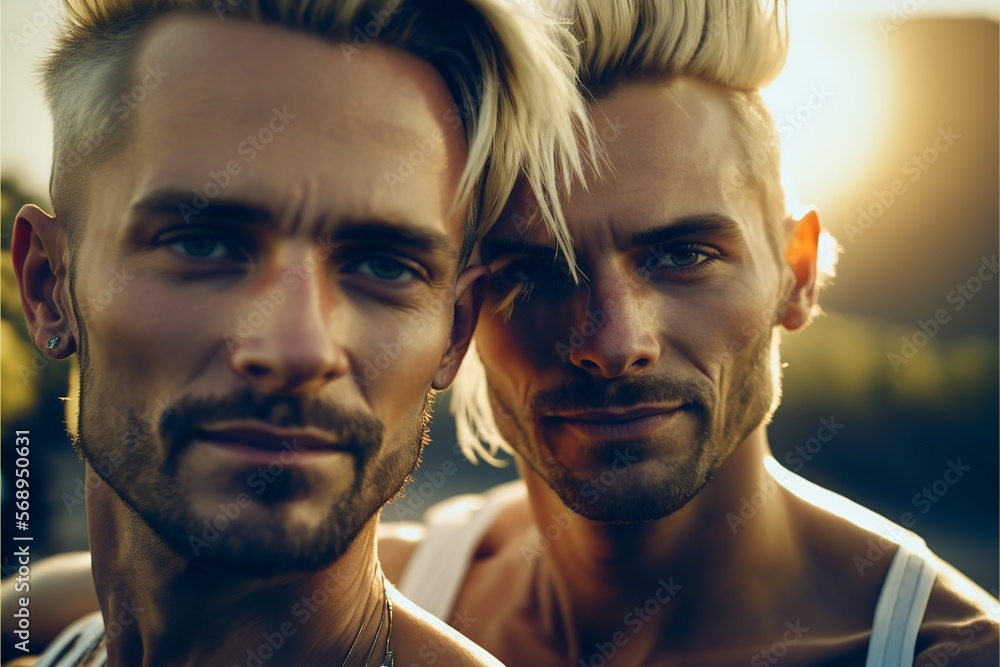 Young aged fashionable white gay couple deep in love and intimate ...