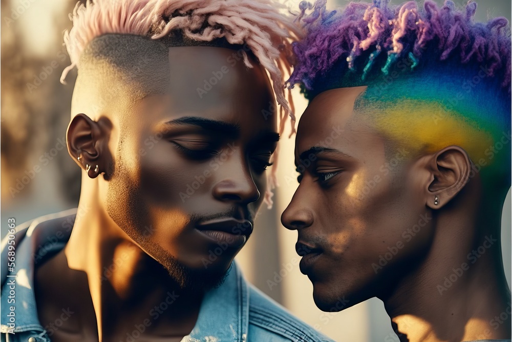 Young aged fashionable black gay couple deep in love and intimate moment. Have a romantic time ...