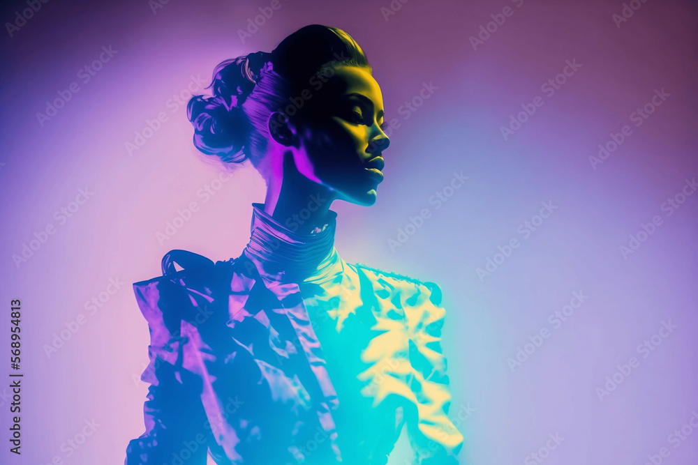 beautiful neo retro fashion woman model isolated in neon lights ...