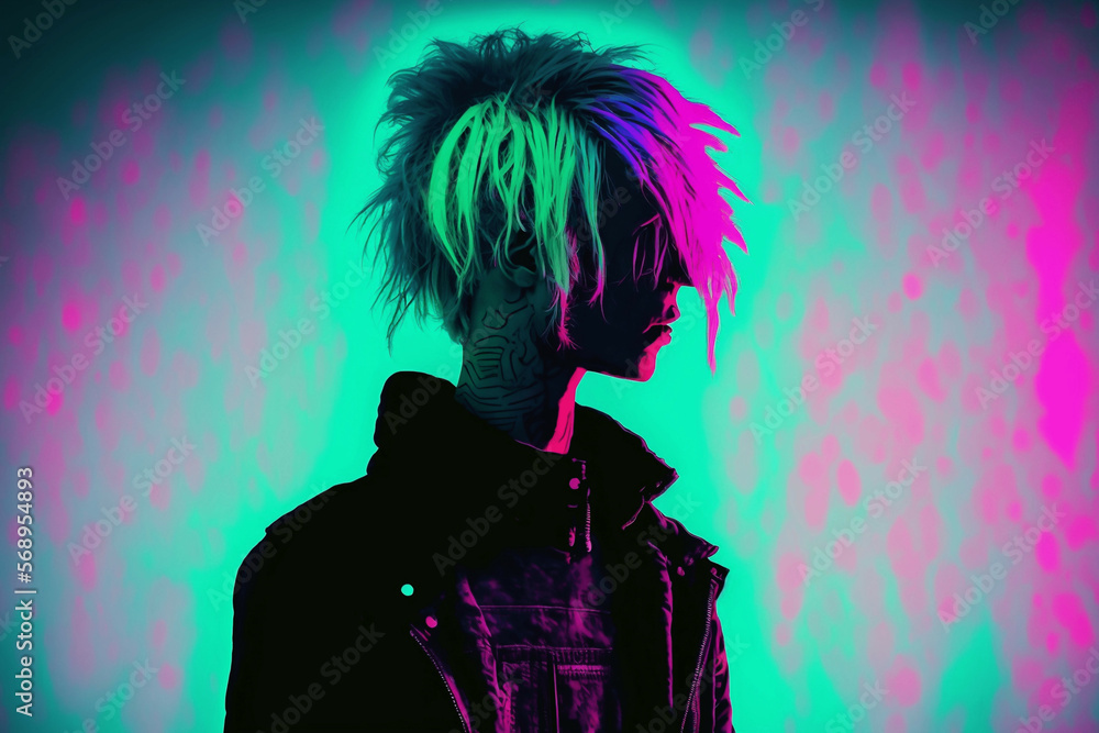 beautiful neo retro emo fashion woman model isolated in neon lights ...