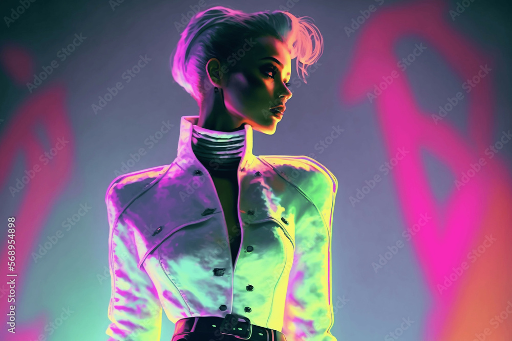 beautiful neo retro fashion woman model isolated in neon lights ...