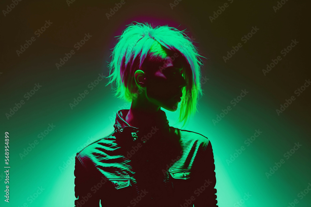 beautiful neo retro emo punk fashion woman model isolated in neon ...