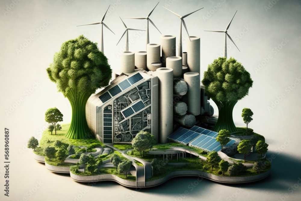 Eco-friendly factory using renewable energy sources and reducing waste ...