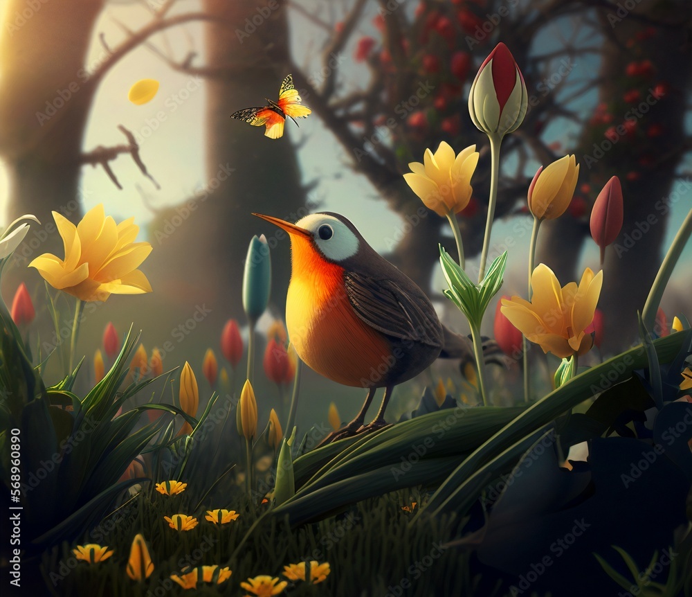 Vibrant Spring Garden with a Cool Robin, Flowers and a Fluttering ...