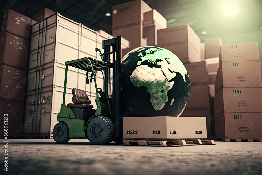 Forklift maneuvering boxes in a modern warehouse with a glowing green ...