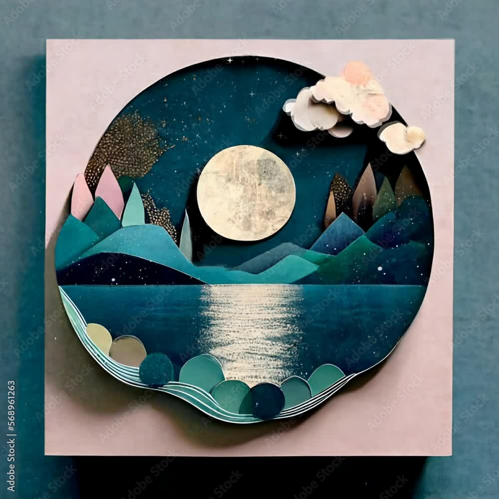Peaceful moonlit lake, paper collage cinemagraph mixed media, animated ...