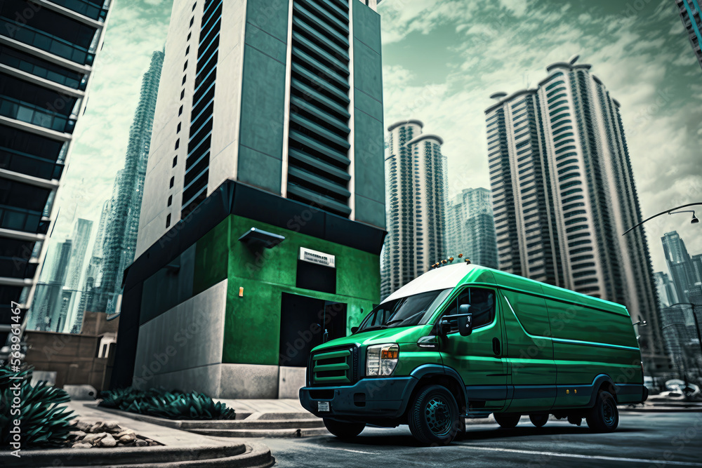 Green cargo van parked in front of a modern high-rise building ...