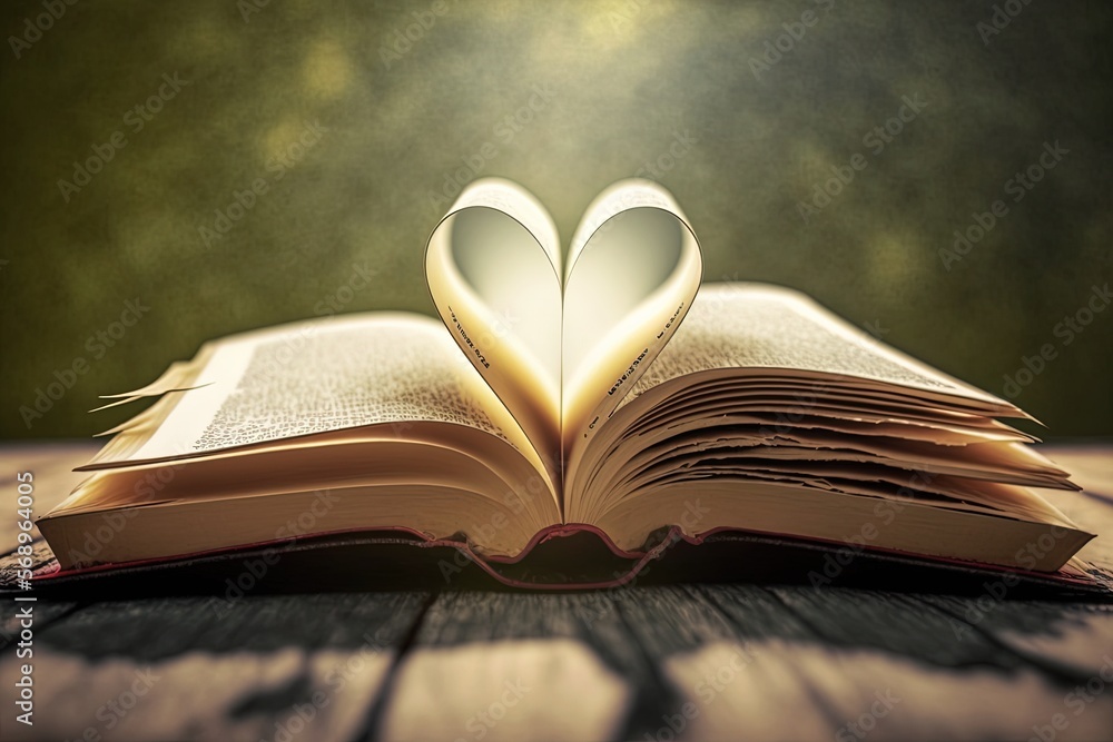 Bible on table with pages folded into heart shape. The symbol of Christ ...