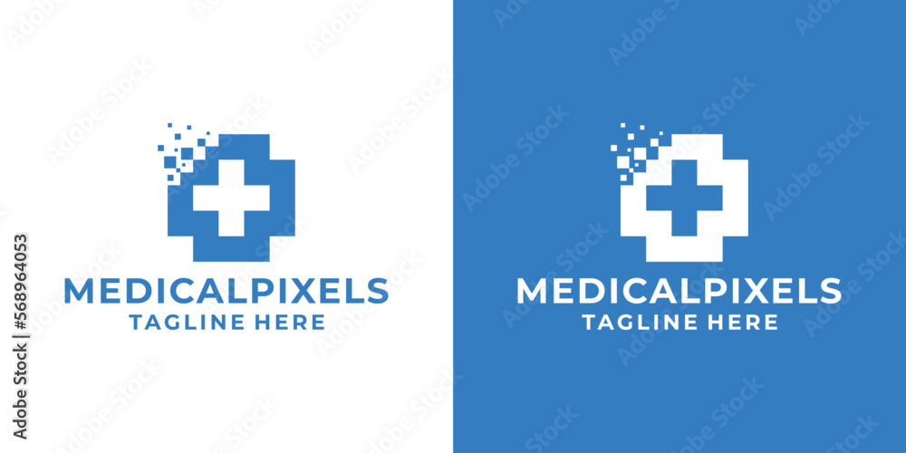 logo design medical health and pixels digital icon plus illustration ...