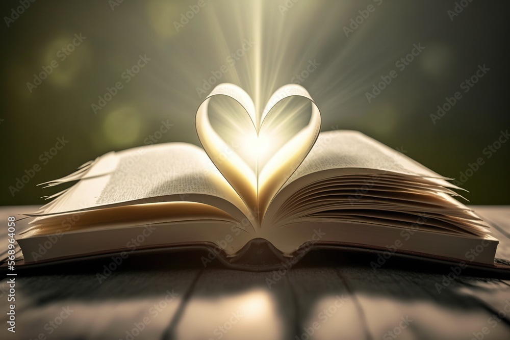 Bible on table with pages folded into heart shape. The symbol of Christ ...