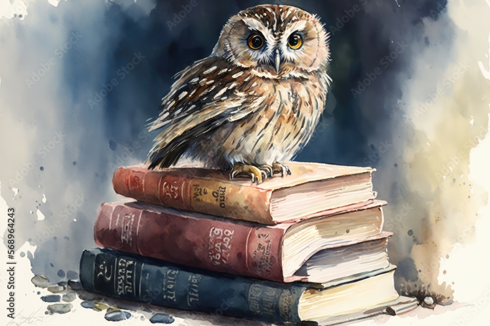 Watercolor painting of an owl sitting on a stack of books. Generative ...