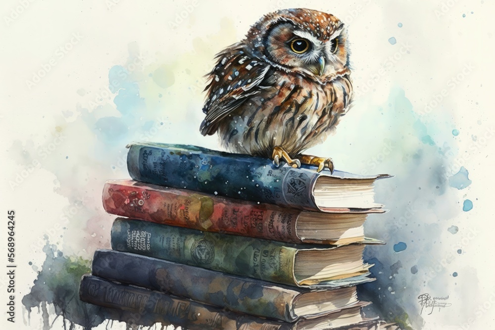 Watercolor painting of an owl sitting on a stack of books. Generative ...