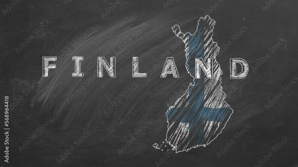 Map of Finland with name and flag inside drawn in chalk on a blackboard ...
