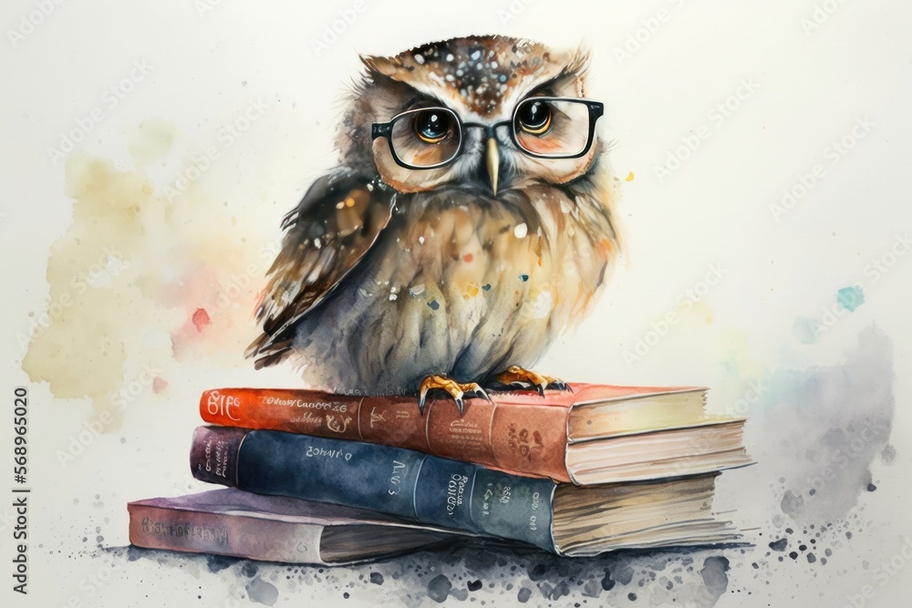 Watercolor painting of an owl wears glasses and sitting on a stack of ...