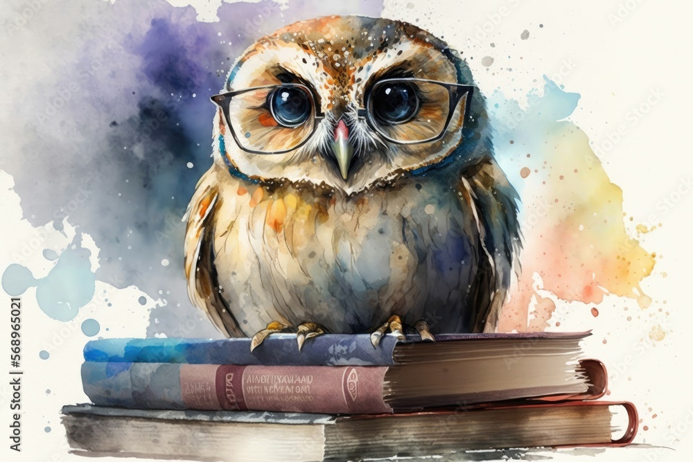 Watercolor painting of an owl wears glasses and sitting on a stack of ...