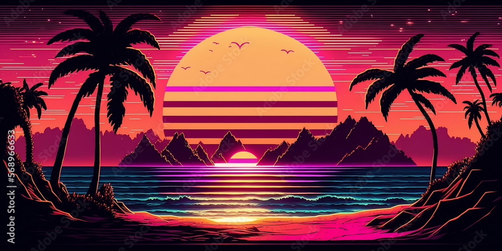 Retro futuristic synthwave style sunset at the beach colorful ...
