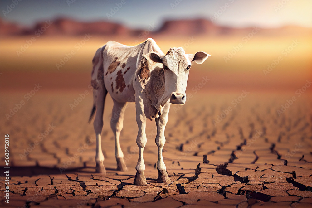 Skinny cow grazing on dry land, climate change and global warming ...