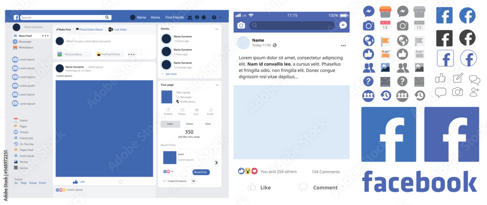 Facebook mockup collection set including icons, logos, and app mockups ...