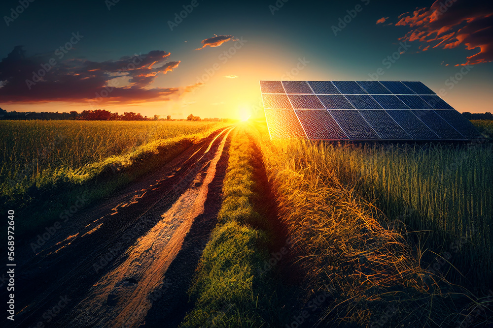 Solar panels in green field on sunset. Solar energy from solar panels ...