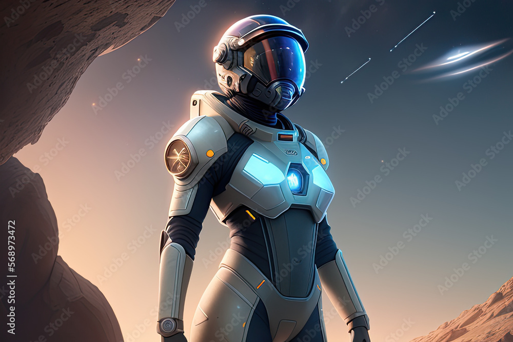 Female Space Explorer in Spacesuit and Black Tinted Helmet on a Strange ...
