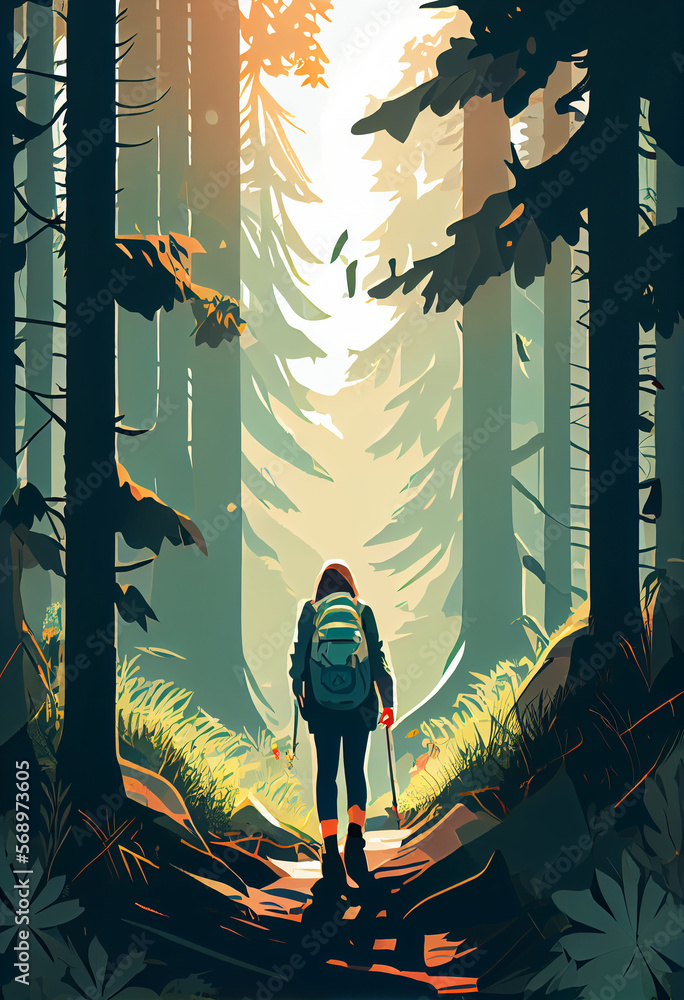 Backpacker walking trough woods, poster style, generative ai Stock ...