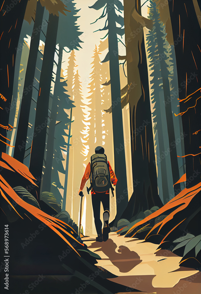Backpacker walking trough woods, poster style, generative ai Stock ...