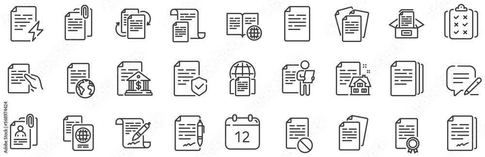 Copy files, Contract agreement, Passport. Documents line icons. CV ... Copy files, Contract agreement, Passport. Documents line icons. CV ...