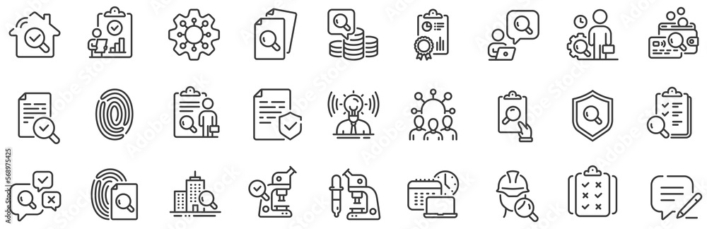 Quality research, Testing and Safety check icons. Inspection line icons ...