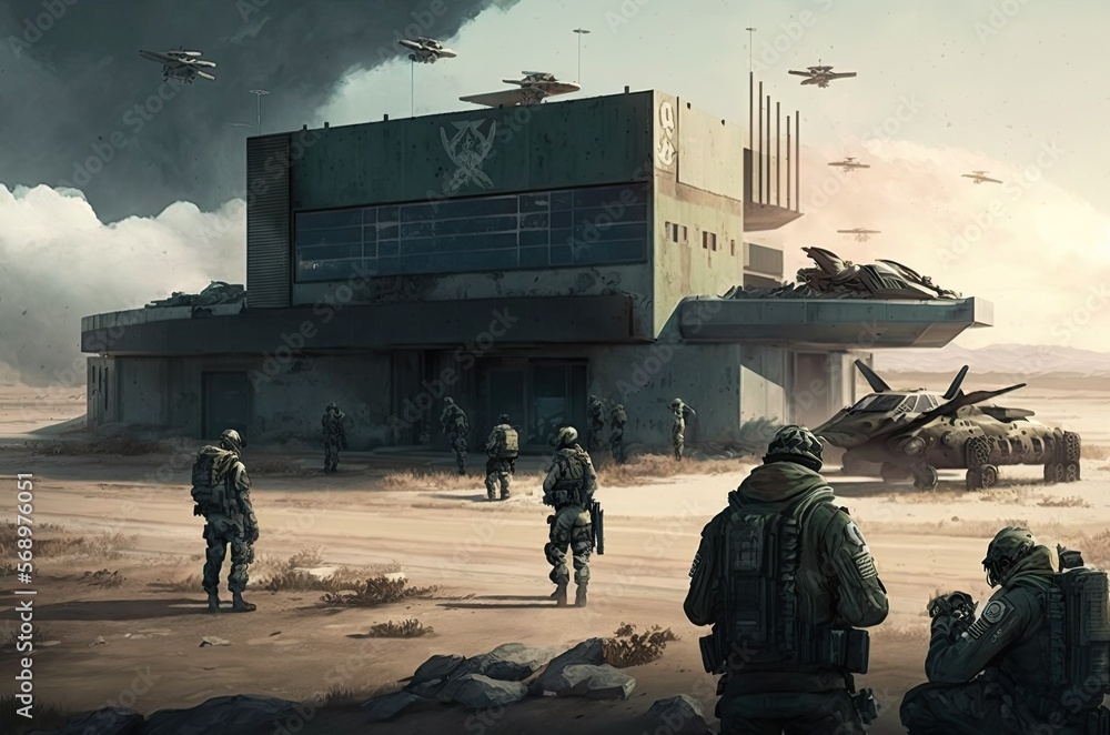 Illustration of a desert with a military base. AI generated art. Stock ...