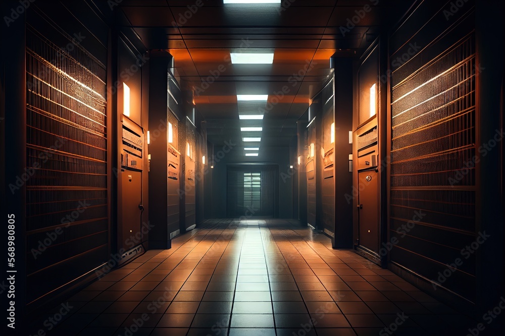 Hallway lined with jail cells. Modern futuristic sci fi background ...
