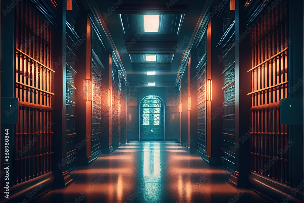 Hallway lined with jail cells. Modern futuristic sci fi background ...