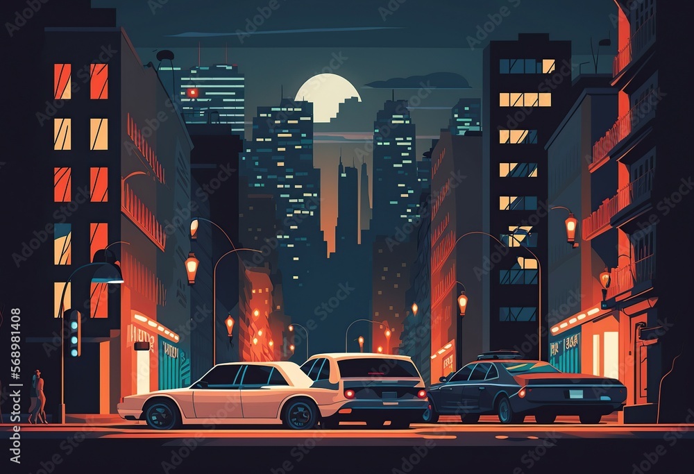 cartoon illustration, cars in the city, with street lighting at night ...