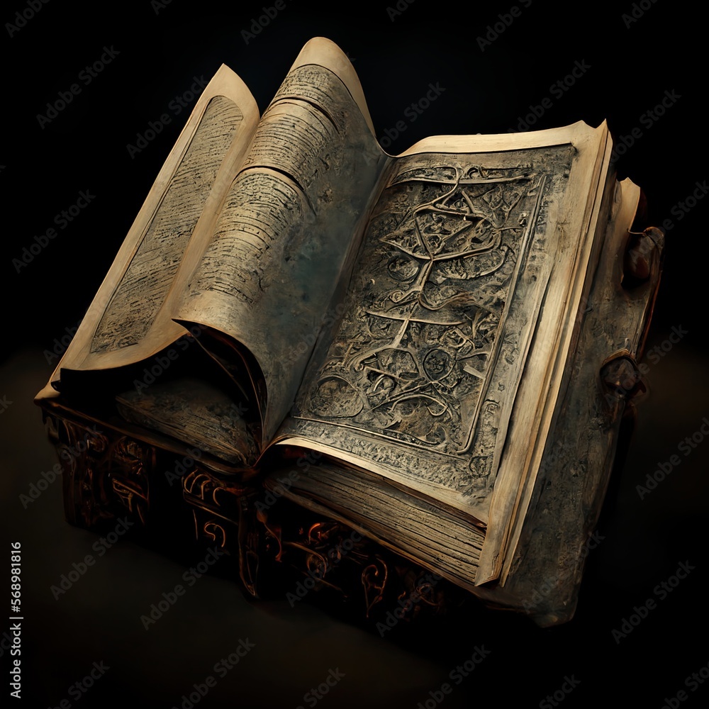 Open ancient, old books on table against background of bookshelf in ...