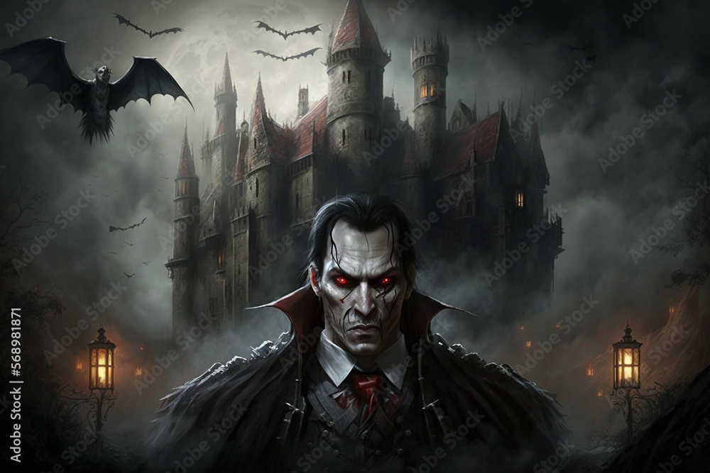 Scary horror and haunted Dracula vampire castle with bats. Creepy ...