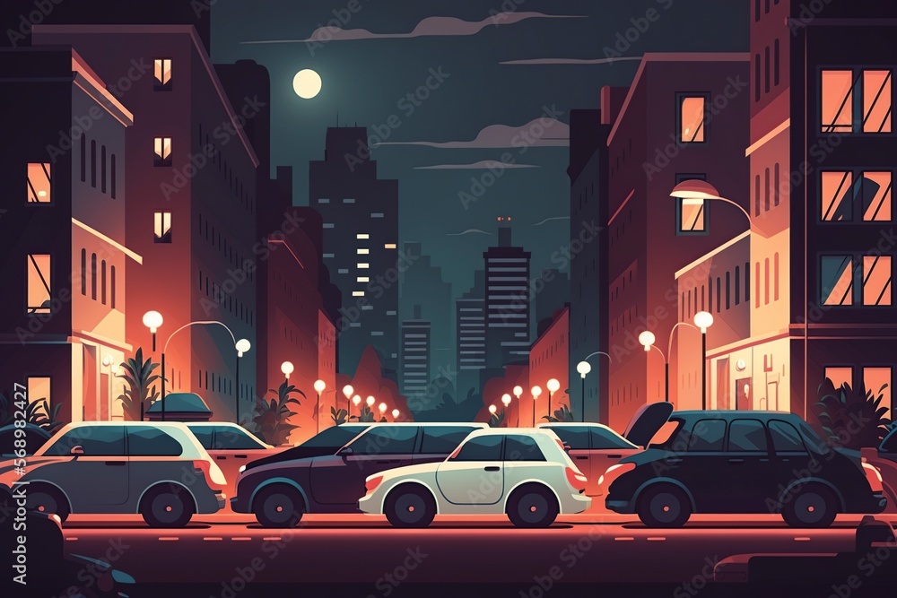 cartoon illustration, cars in the city, with street lighting at night ...