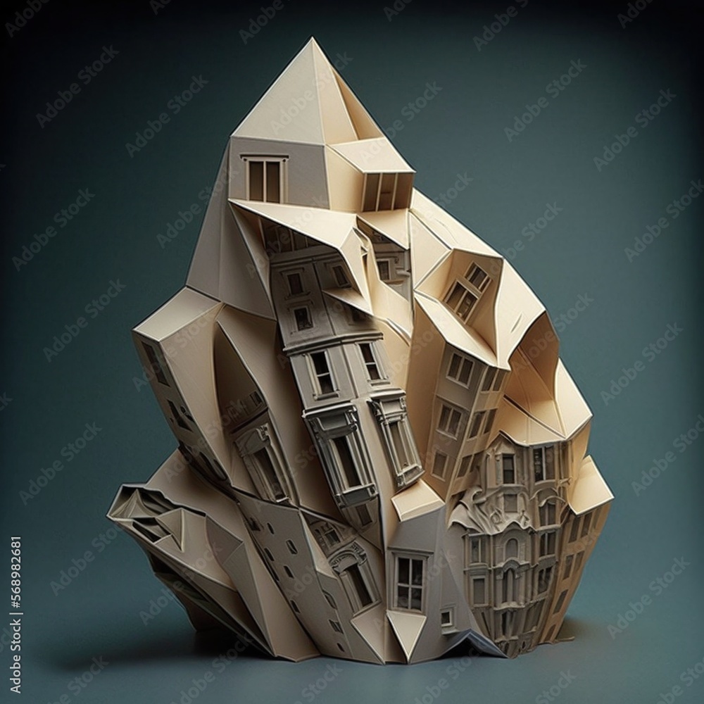 Beautiful abstract white building in origami style. Paper cut ...
