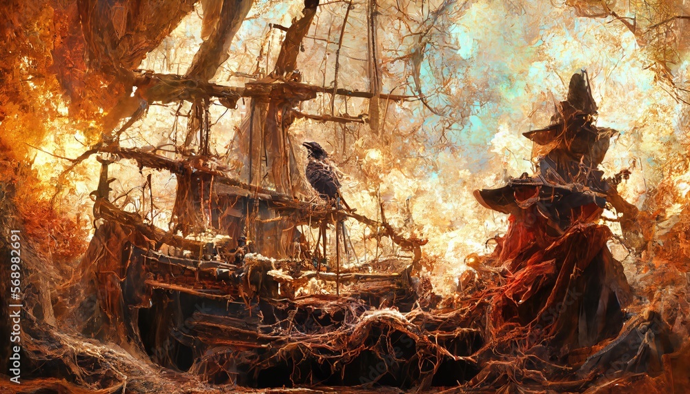Beautiful pirate ship drawn in a watercolor style, a black raven sits ...