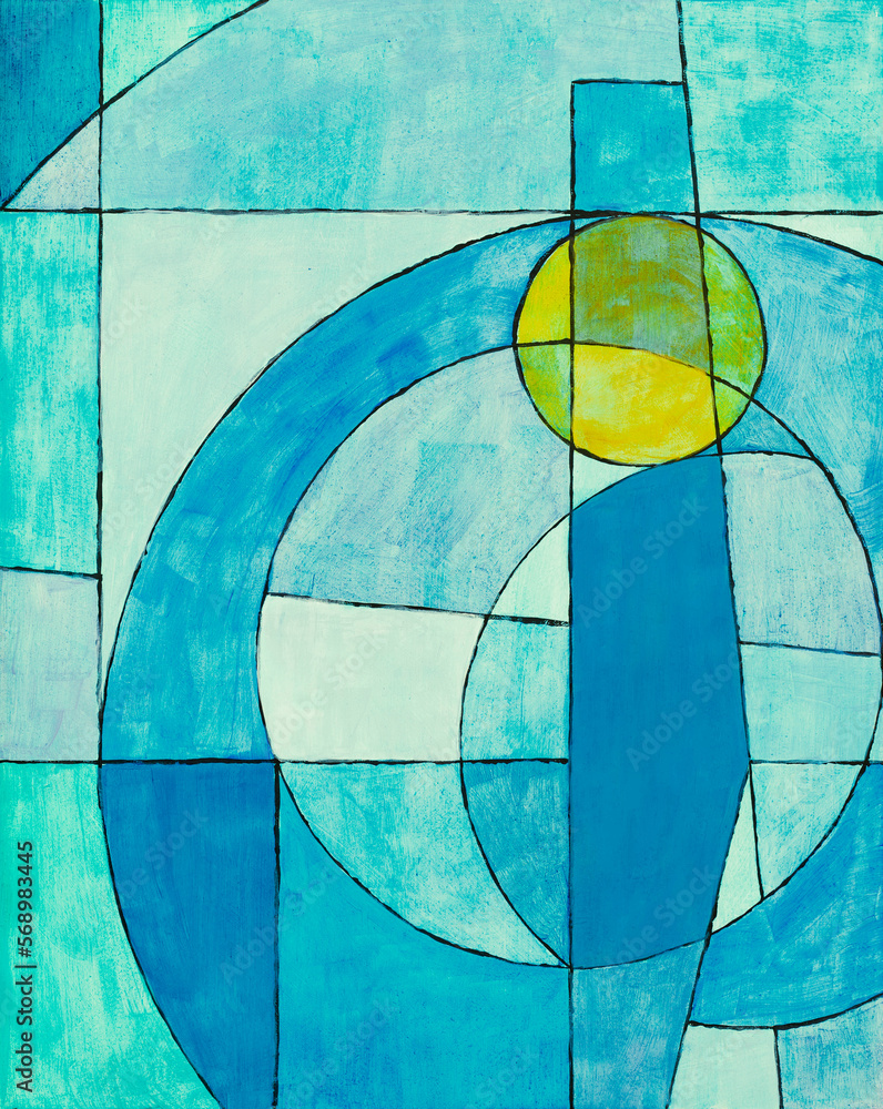 An abstract painting in blue and yellow, with a circular theme. Stock ...